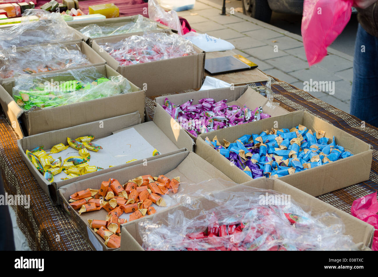 milky caramel candy colored pieces of paper in cardboard boxes Stock ...