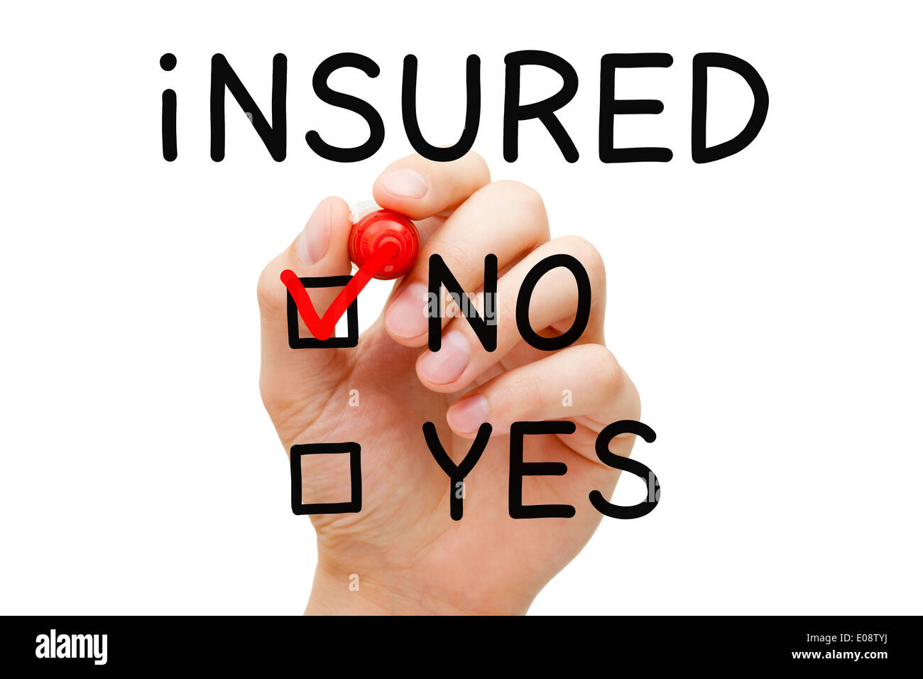 Hand putting check mark with red marker on No Insured Stock Photo - Alamy
