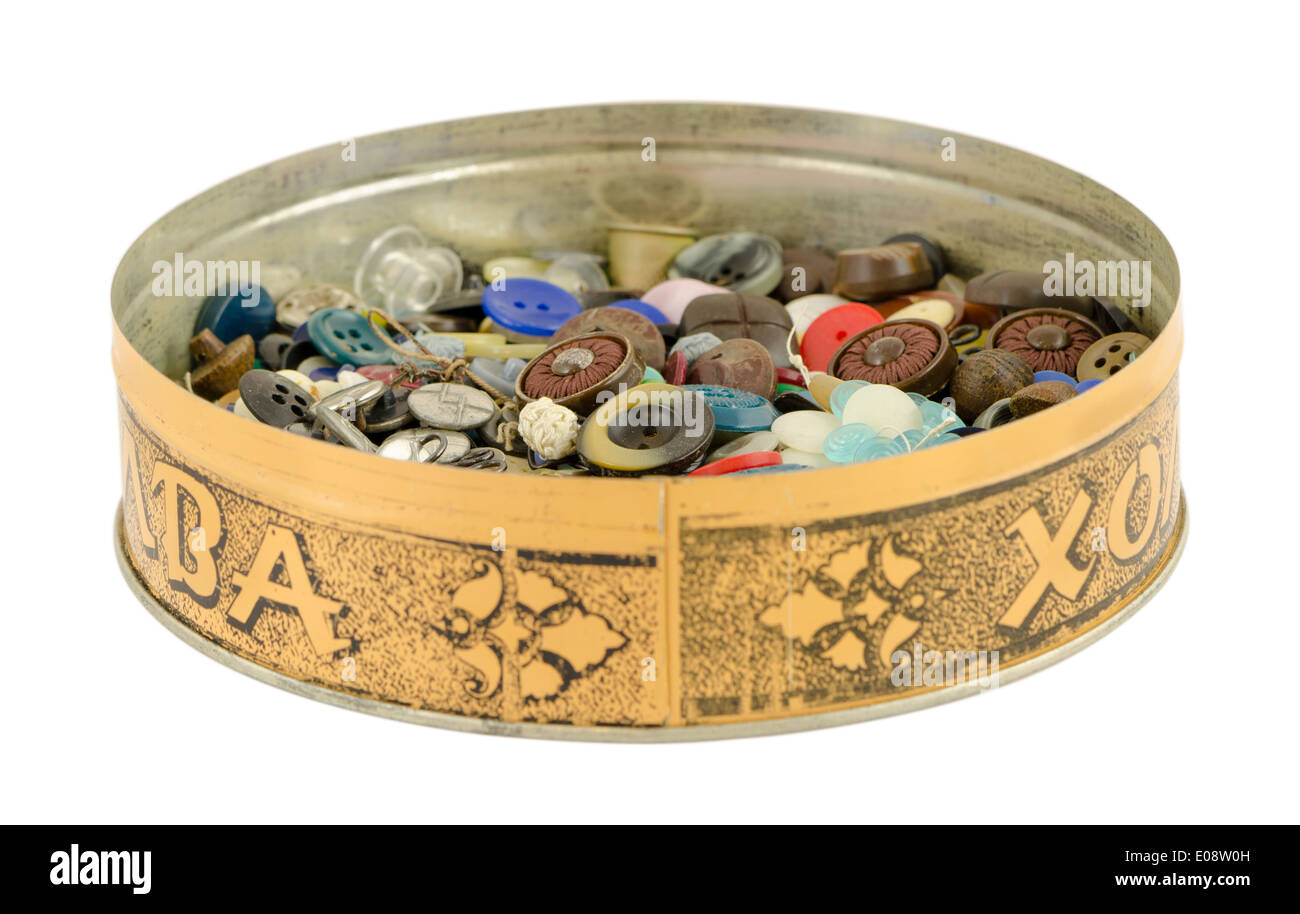 metal box full of colorful and sizes buttons isolated on white ...