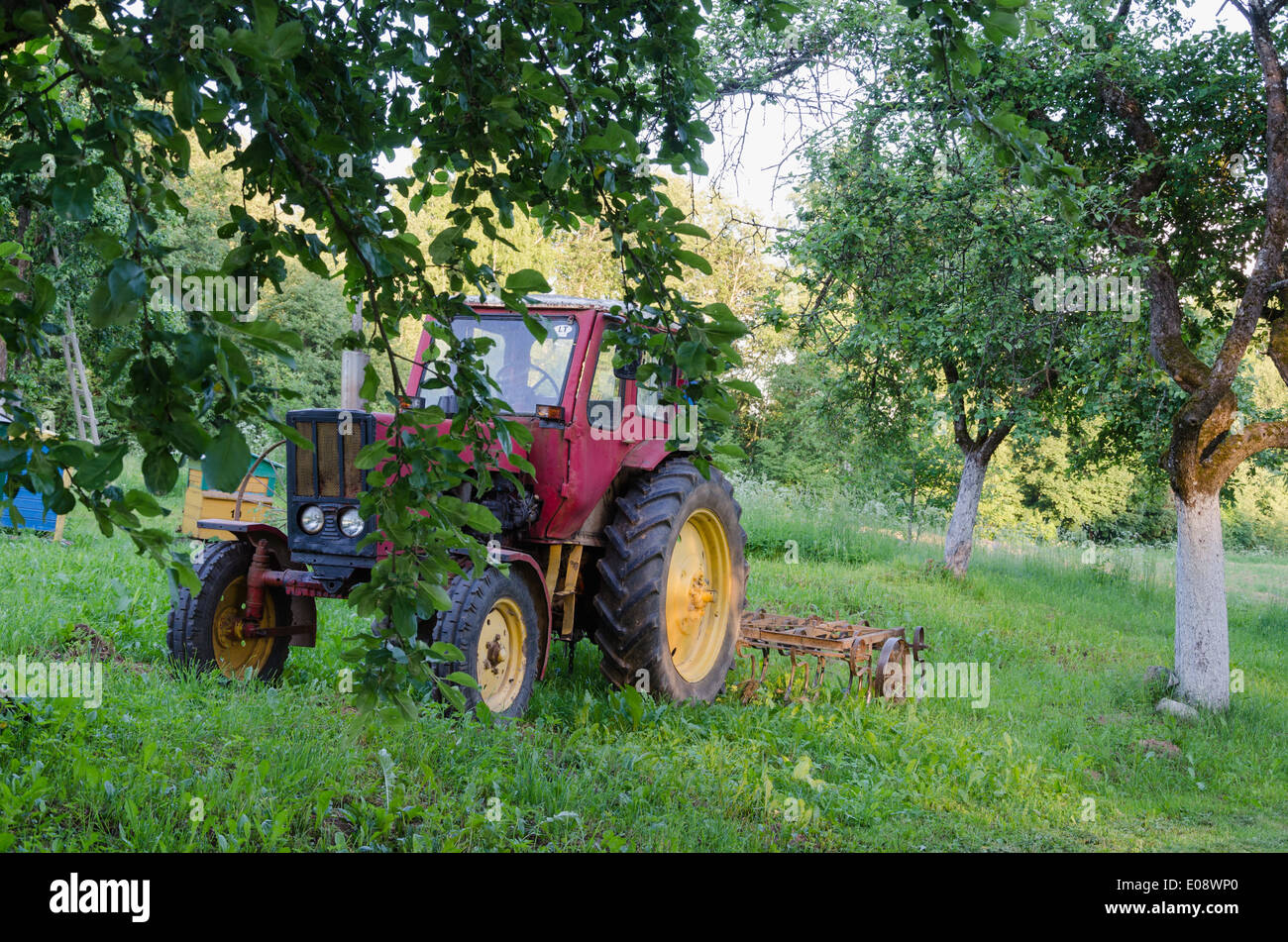 old red tractor with harrow the garden apple trees in the yard Stock ...