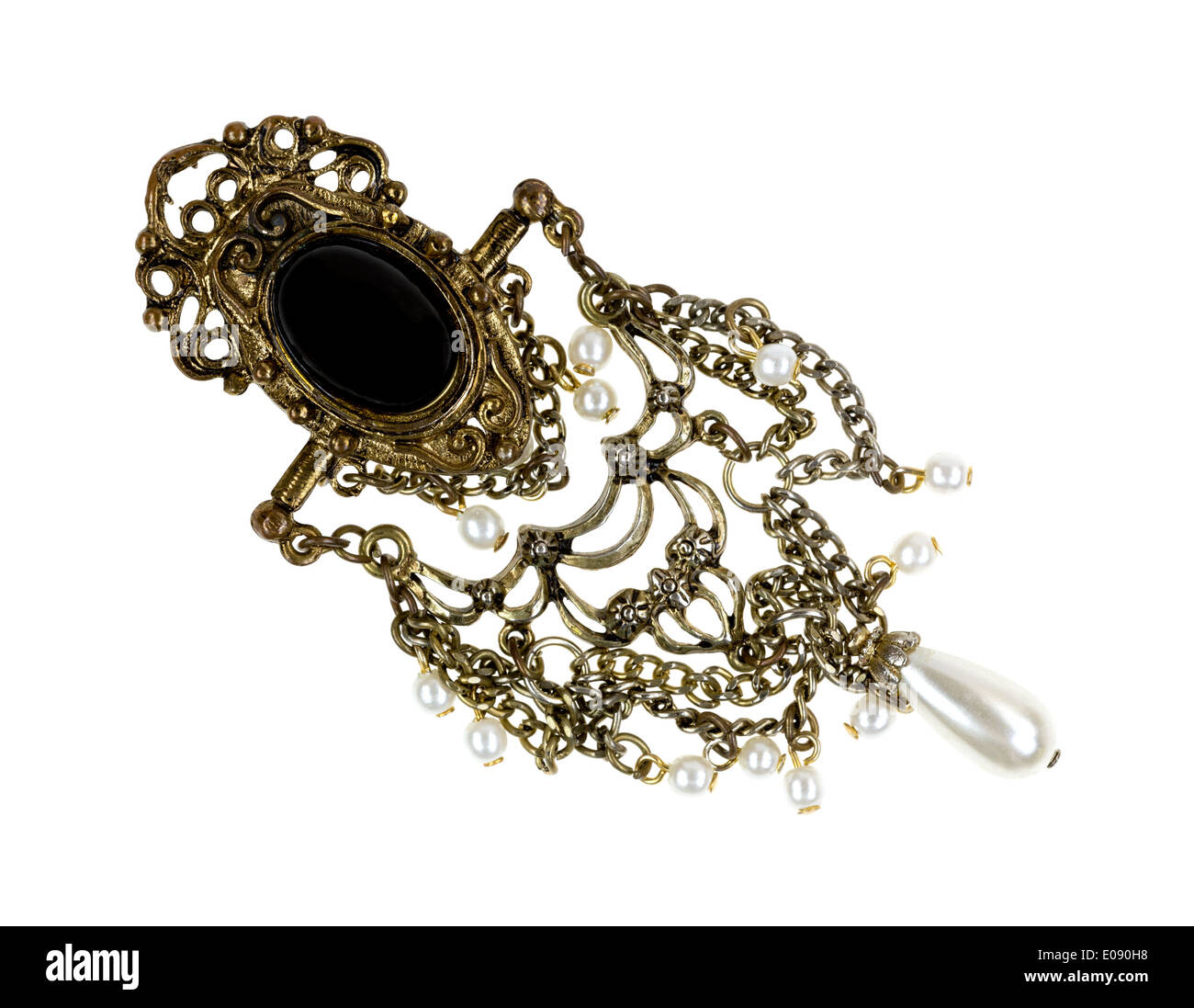 Antique brooch with chain and filigree on a white background Stock ...