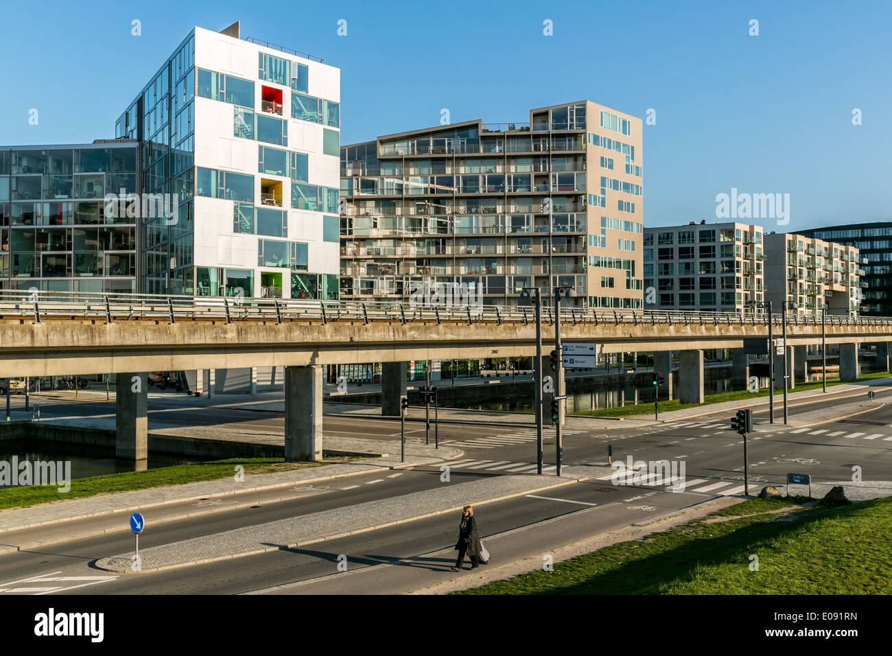Modern buildings and the Metro line in Orestaden, Copenhagen, Denmark ...
