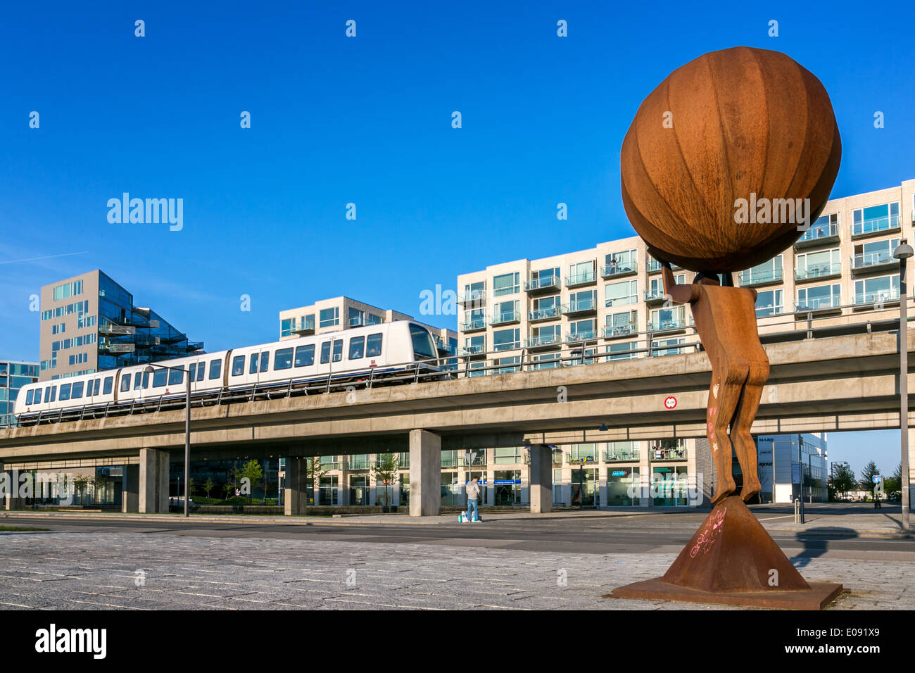 Modern buildings and the Metro line in Orestaden, Copenhagen, Denmark ...