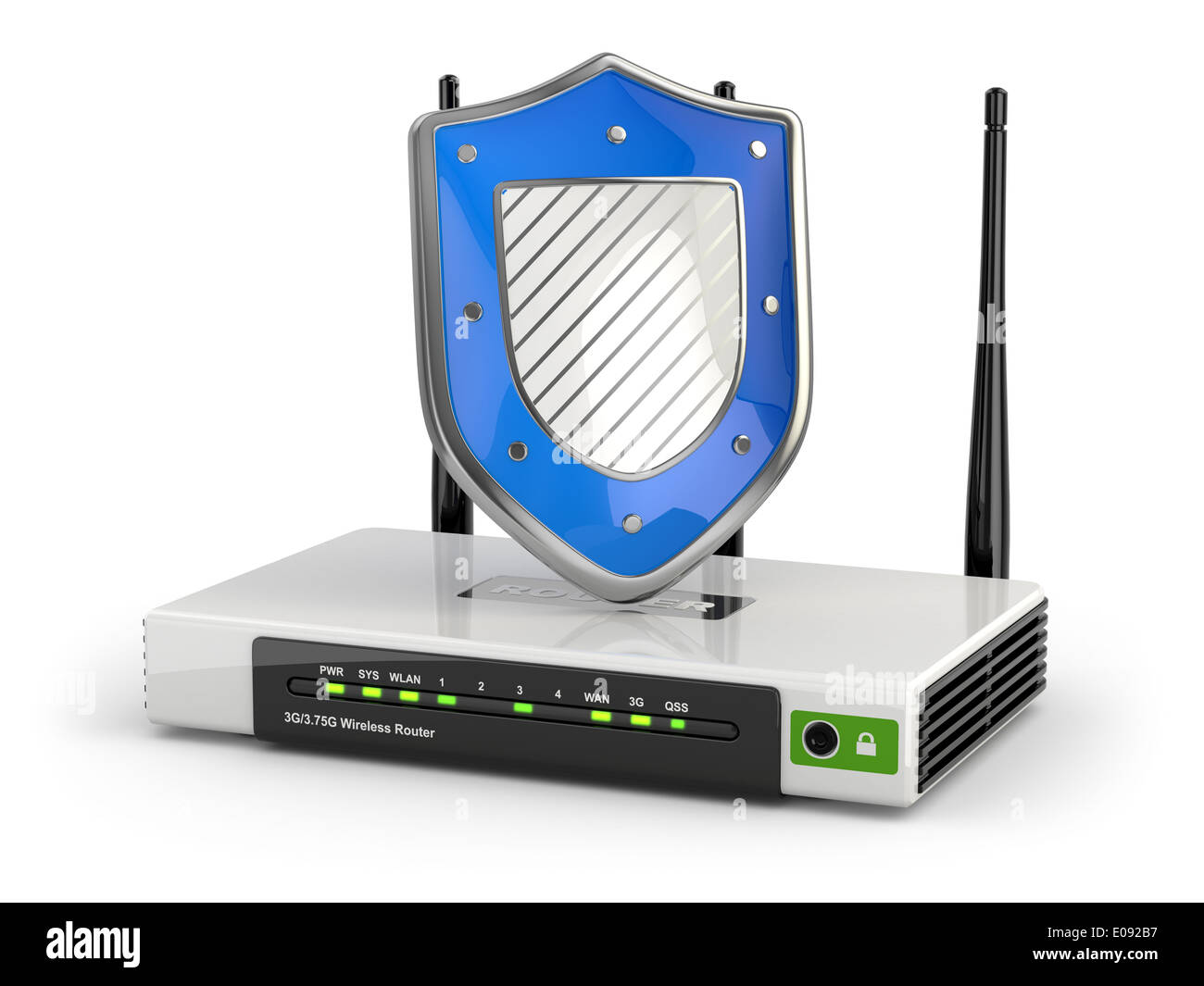 Internet security. Router with shield on white isolated background. 3d ...