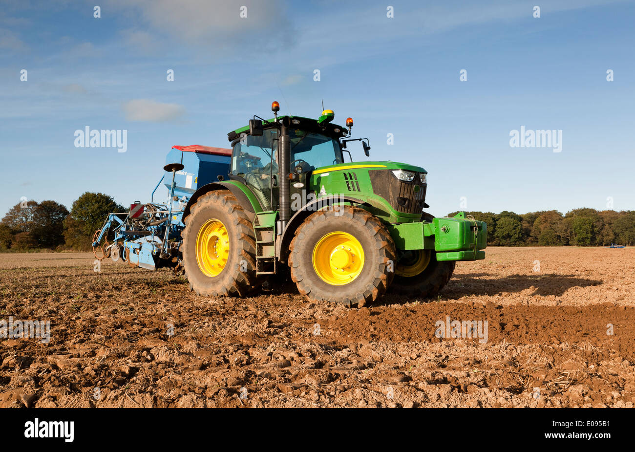An agricultural tractor fitted with a seed drill, drilling/sowing seed ...