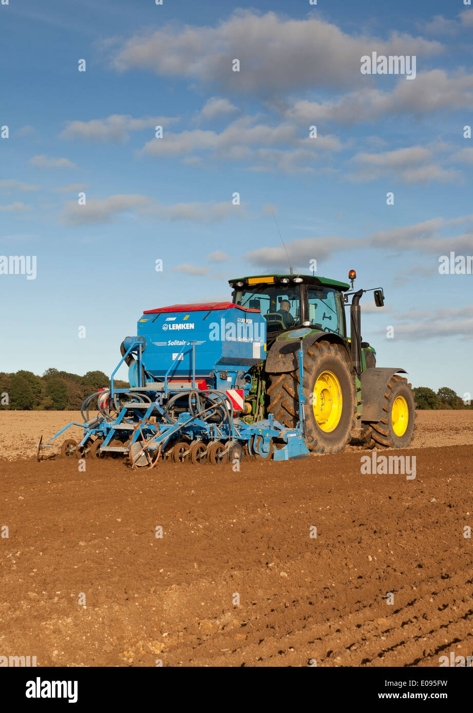An agricultural tractor fitted with a seed drill, drilling/sowing seed ...