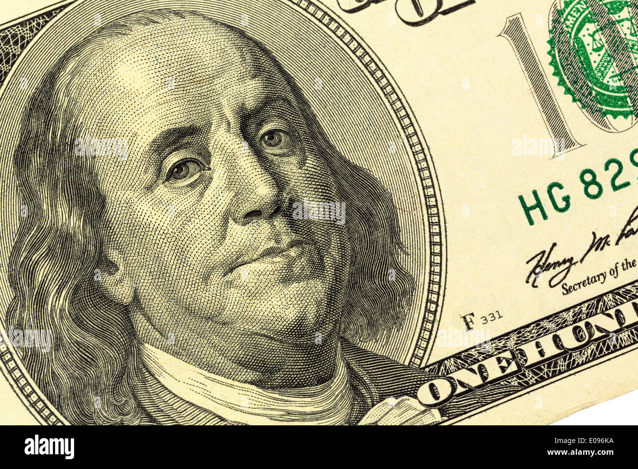 Hundred dollars of bank note with a portrait of Benjamin Franklin ...