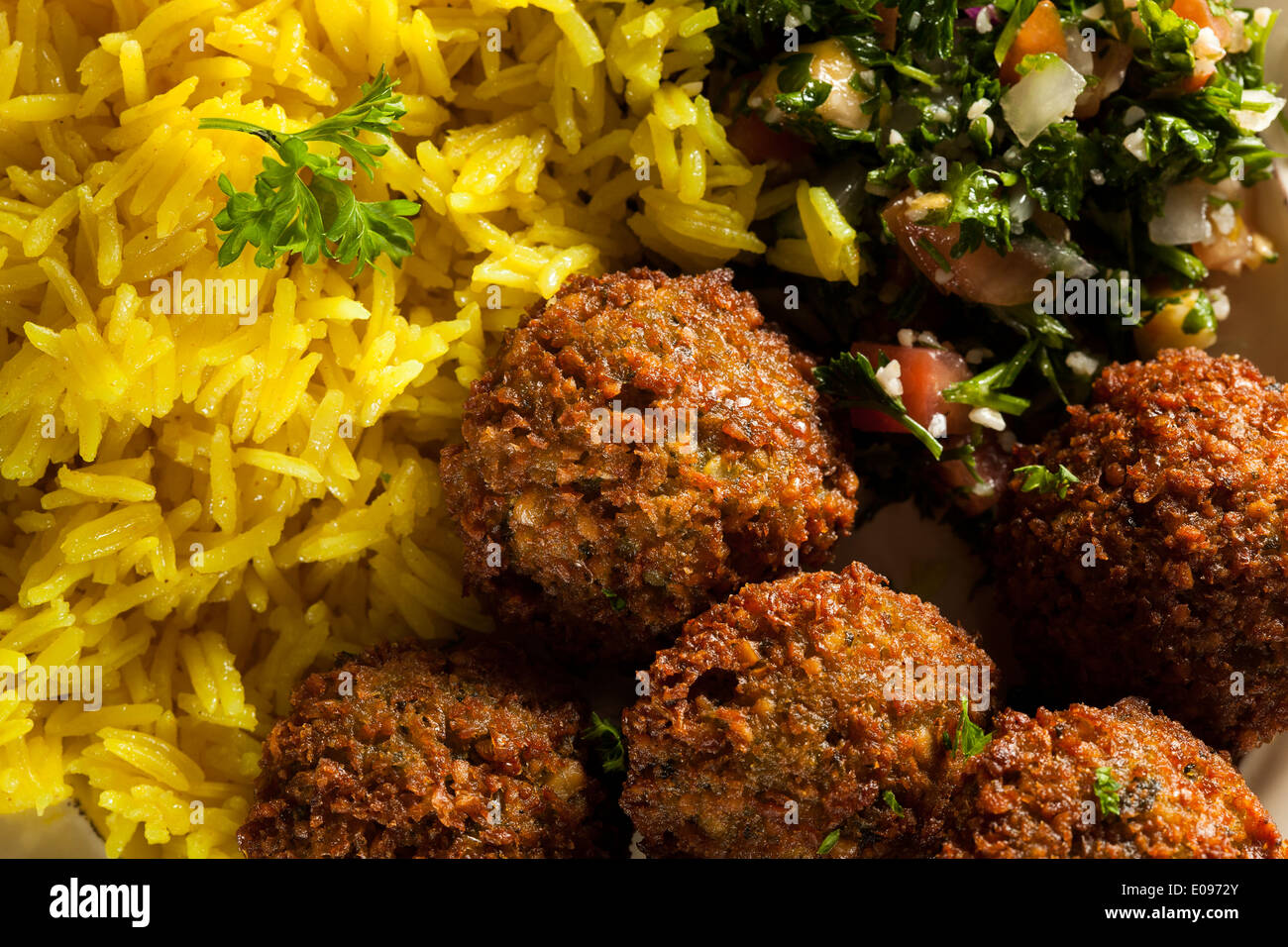 Healthy Vegetarian Falafel Balls with Rice and Salad Stock Photo - Alamy