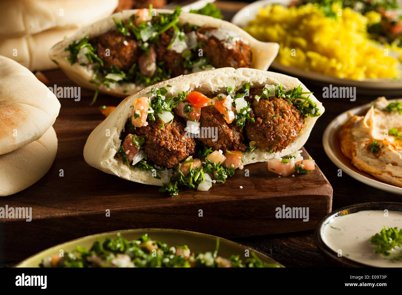 Healthy Vegetarian Falafel Pita with Rice and Salad Stock Photo - Alamy
