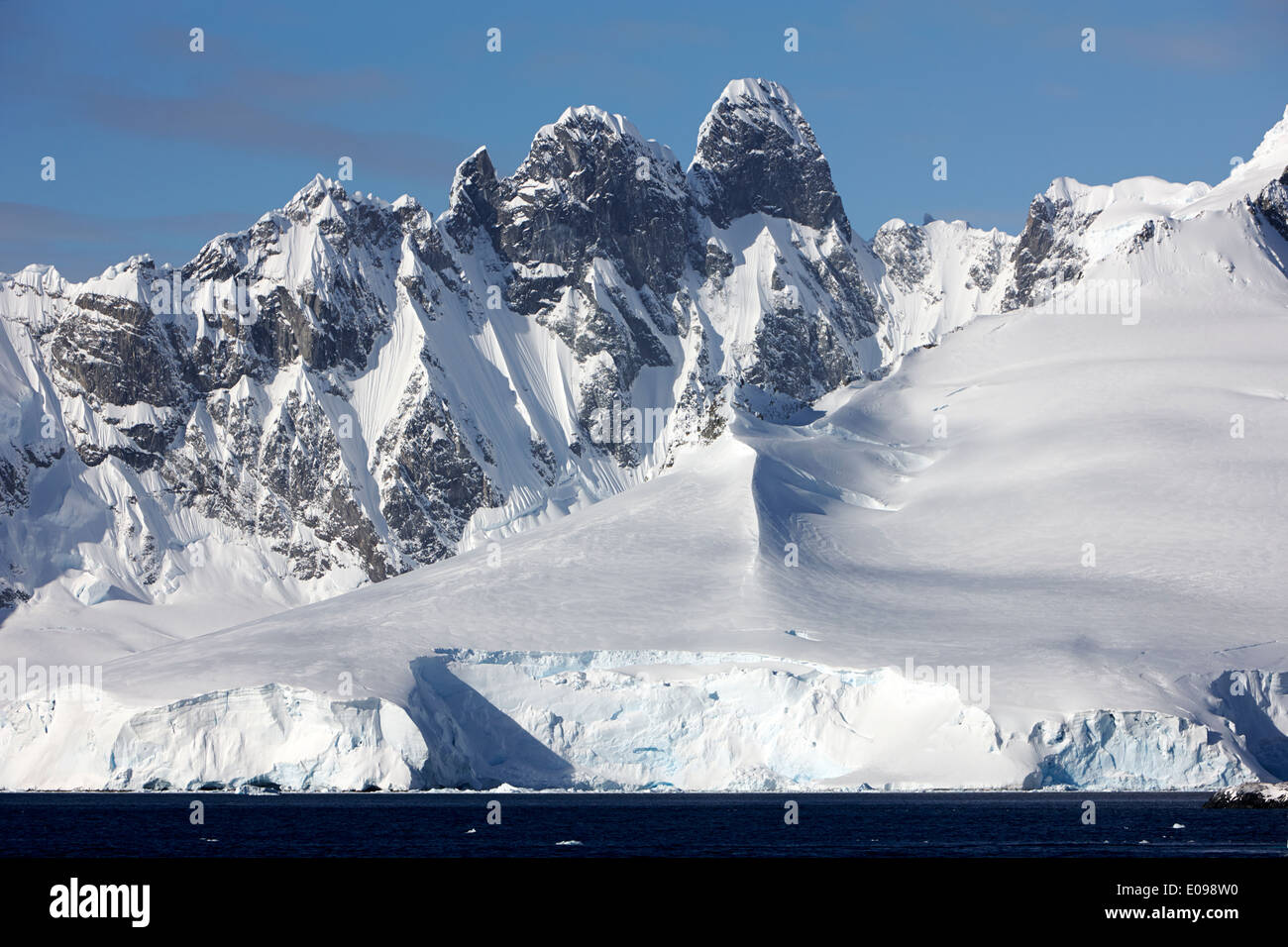 jagged mountain peaks and glacier field reaching to the sea arctowski ...