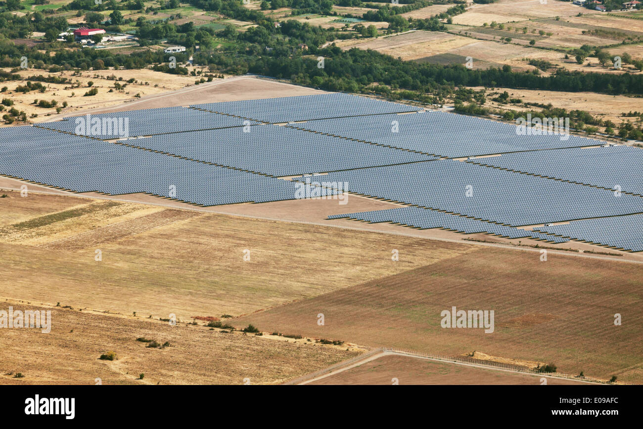 Aerial photo of solar power plant. Many solar energy panels in ...