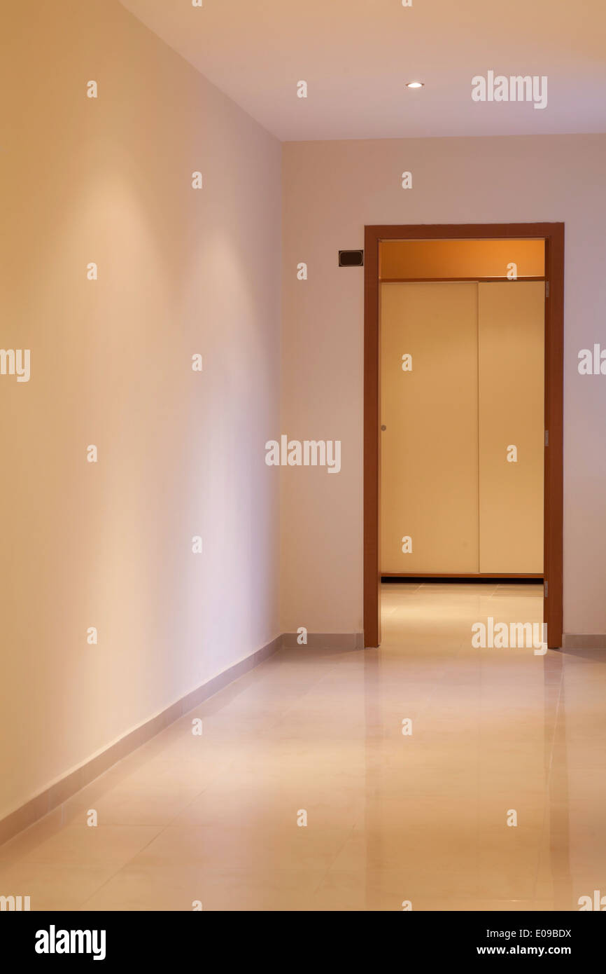 long and beautiful corridor with open door in a modern hotel, front ...