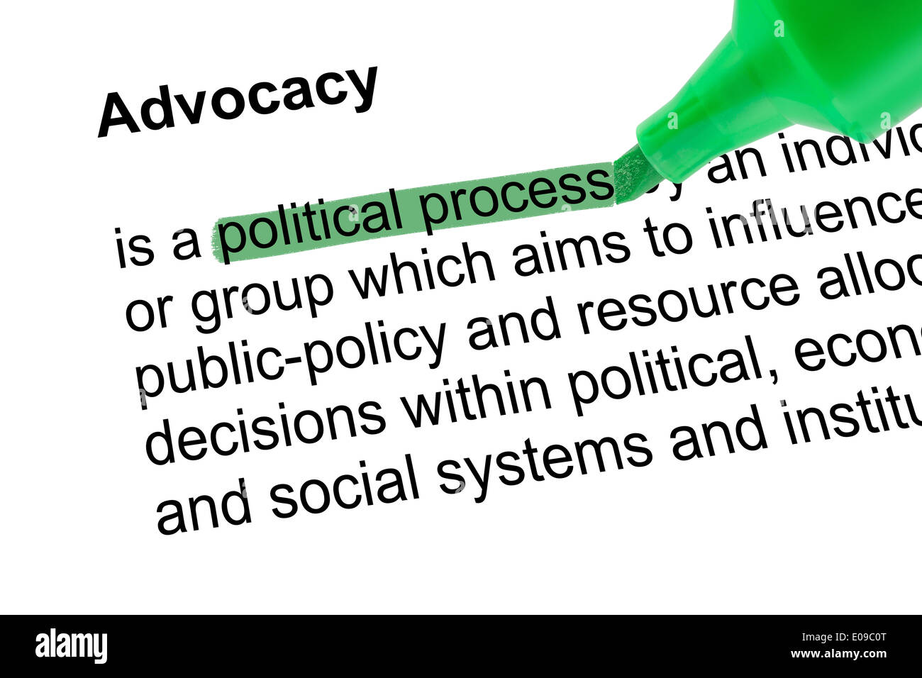 Highlighted words political process for Advocacy with green pen over ...