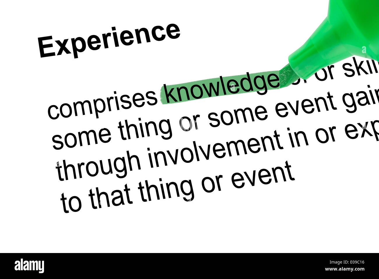 Highlighted word knowledge to Experience with green pen over paper ...