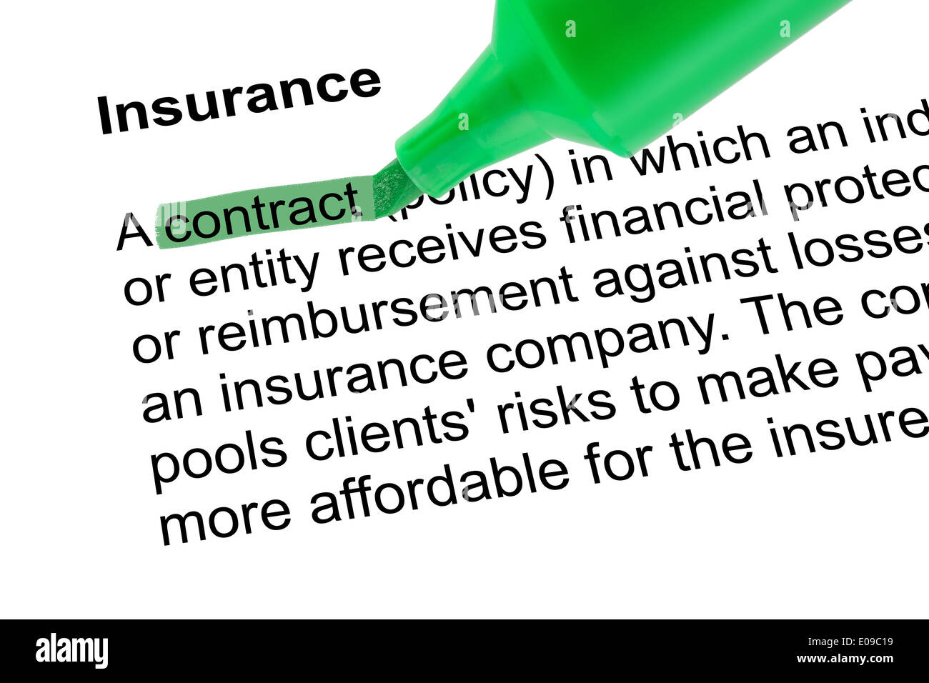 Highlighted word contract for Insurance with green pen over white paper ...