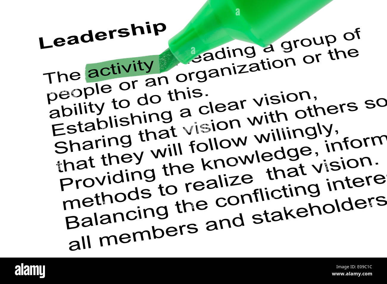 Highlighted word activity for Leadership with green pen over white ...