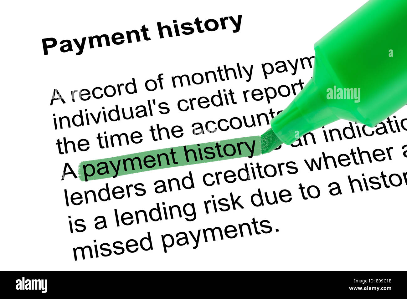 Highlighted words payment history for Payment history with green pen ...