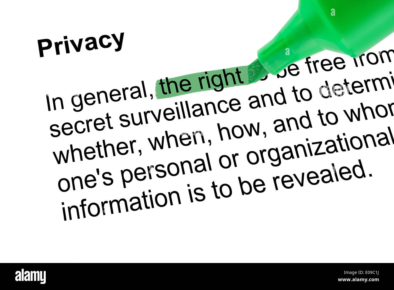 Highlighted word the right for Privacy with green pen over white paper ...