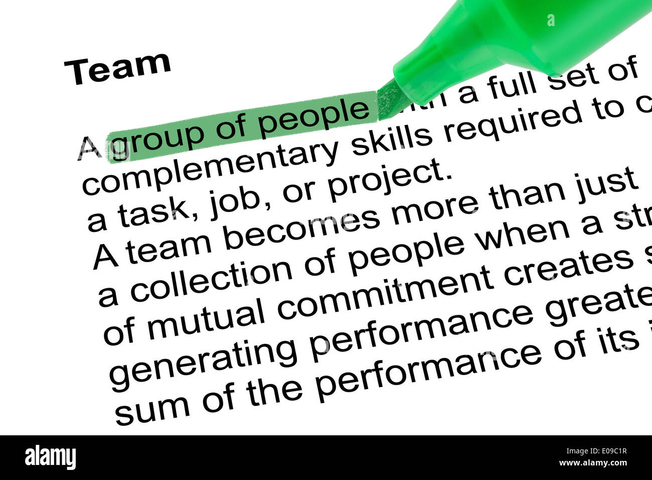 Highlighted word group of people for Team with green pen over white ...