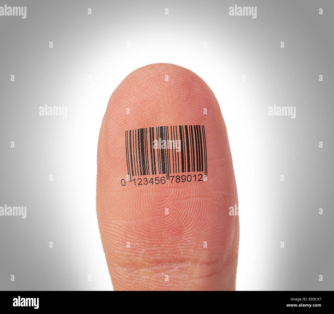 Macro view of a thumb finger over a white background barcode Stock ...