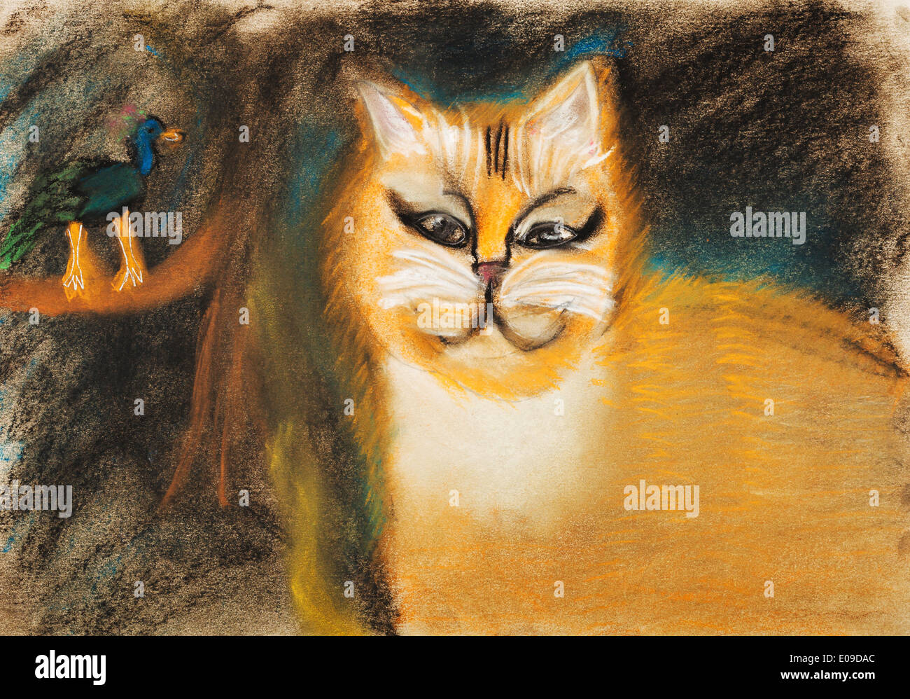 children drawing - fat red cat and small black bird Stock Photo - Alamy