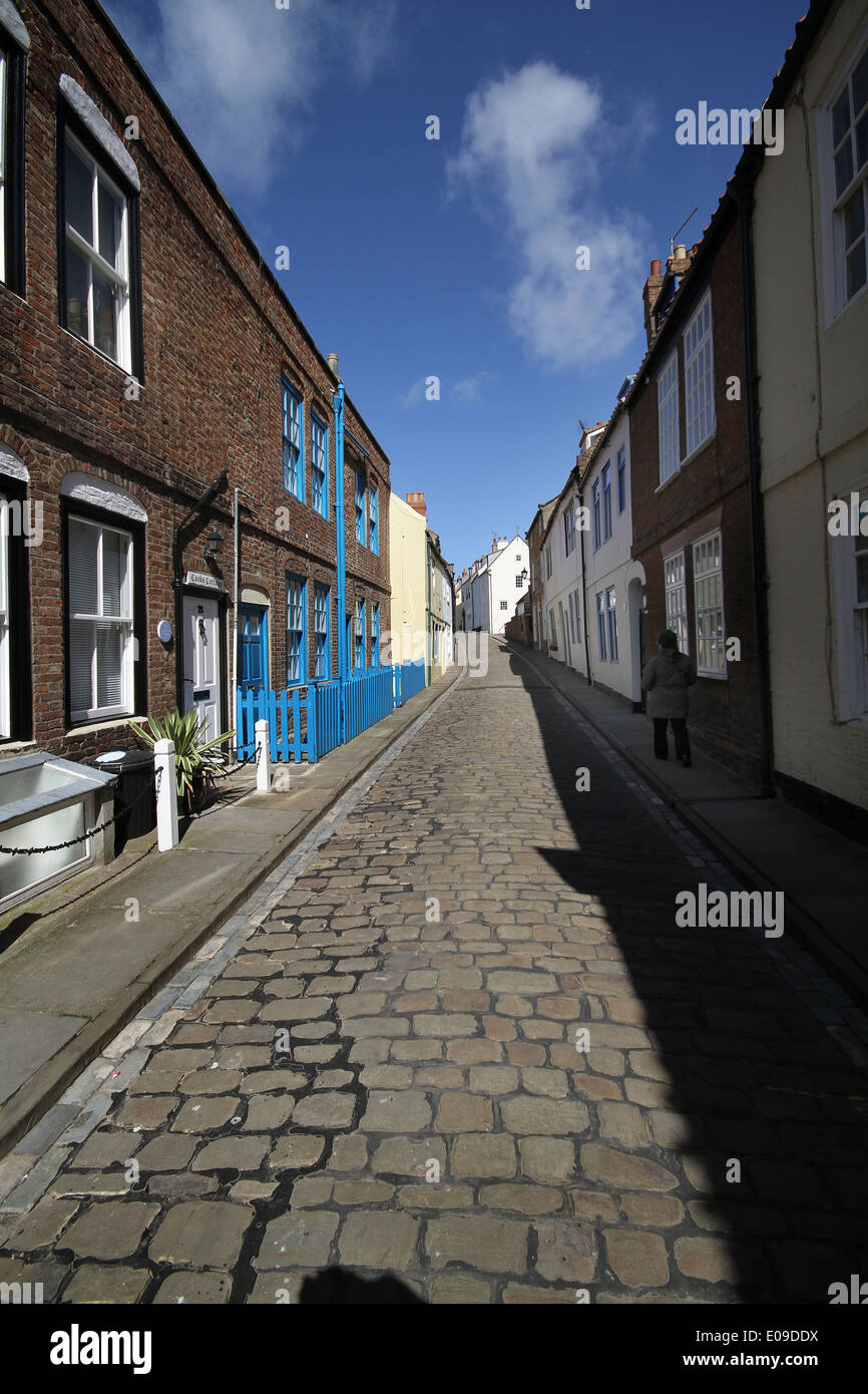 Empty cobbled street in old Whitby town. Yorkshire, England Stock Photo ...