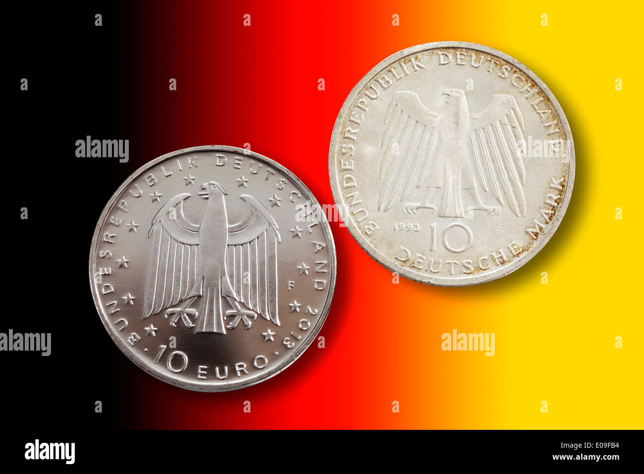 Two German commemorative coins in front of national colours Stock Photo ...