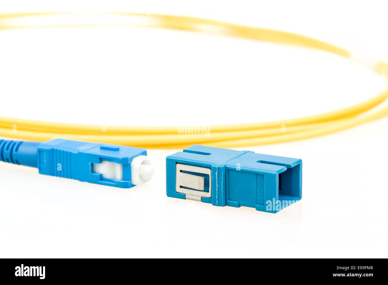 blue fiber optic SC connector and adaptor on white background Stock ...
