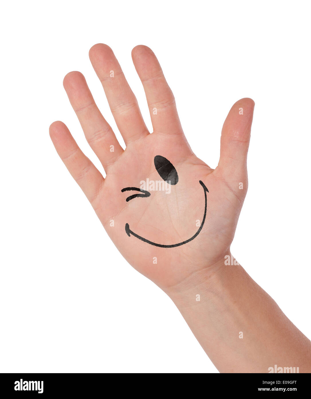 Hand with smiley isolated on white concept of communication blinking ...