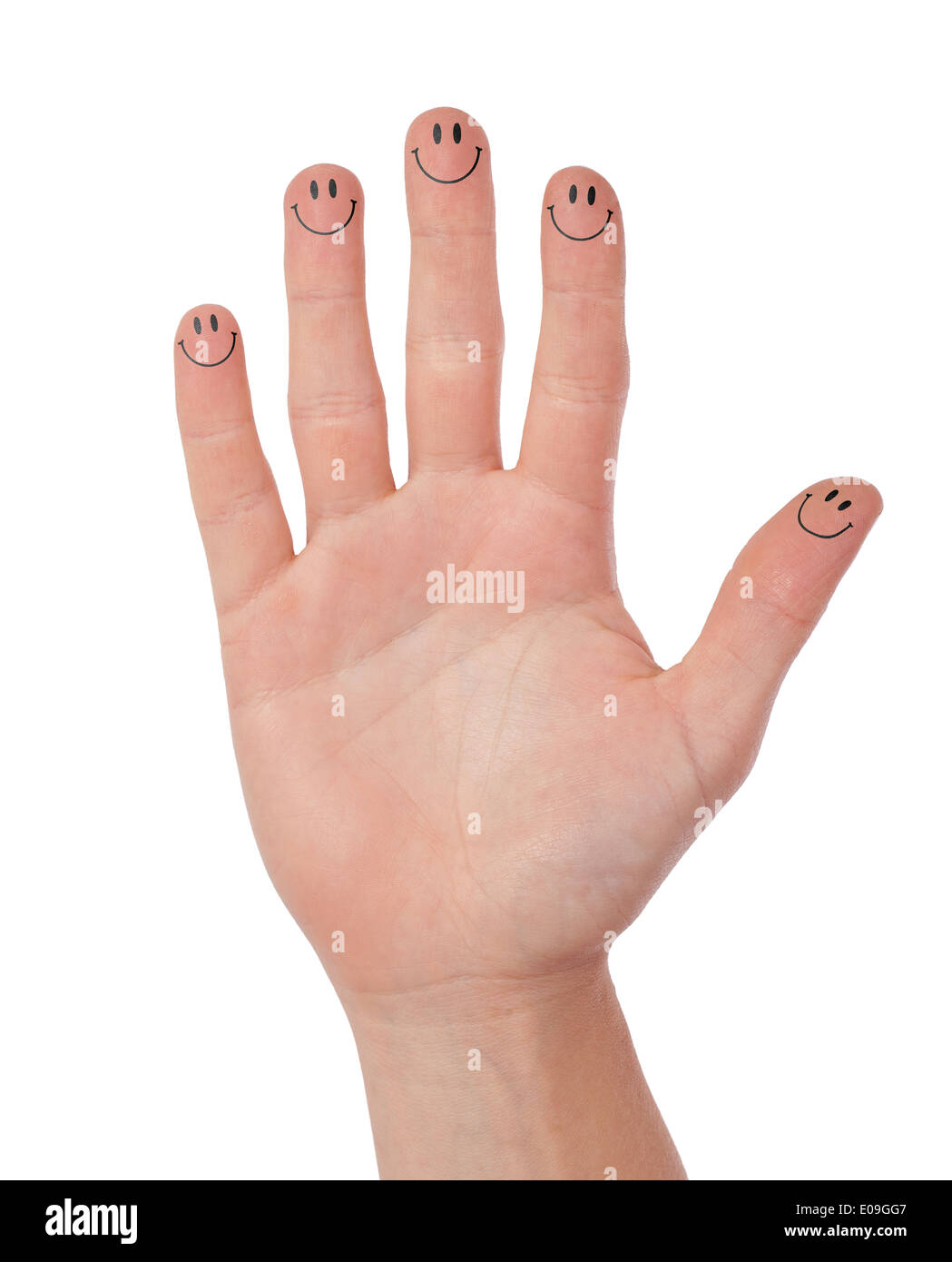 Hand with smileys isolated on white concept of communication happy ...