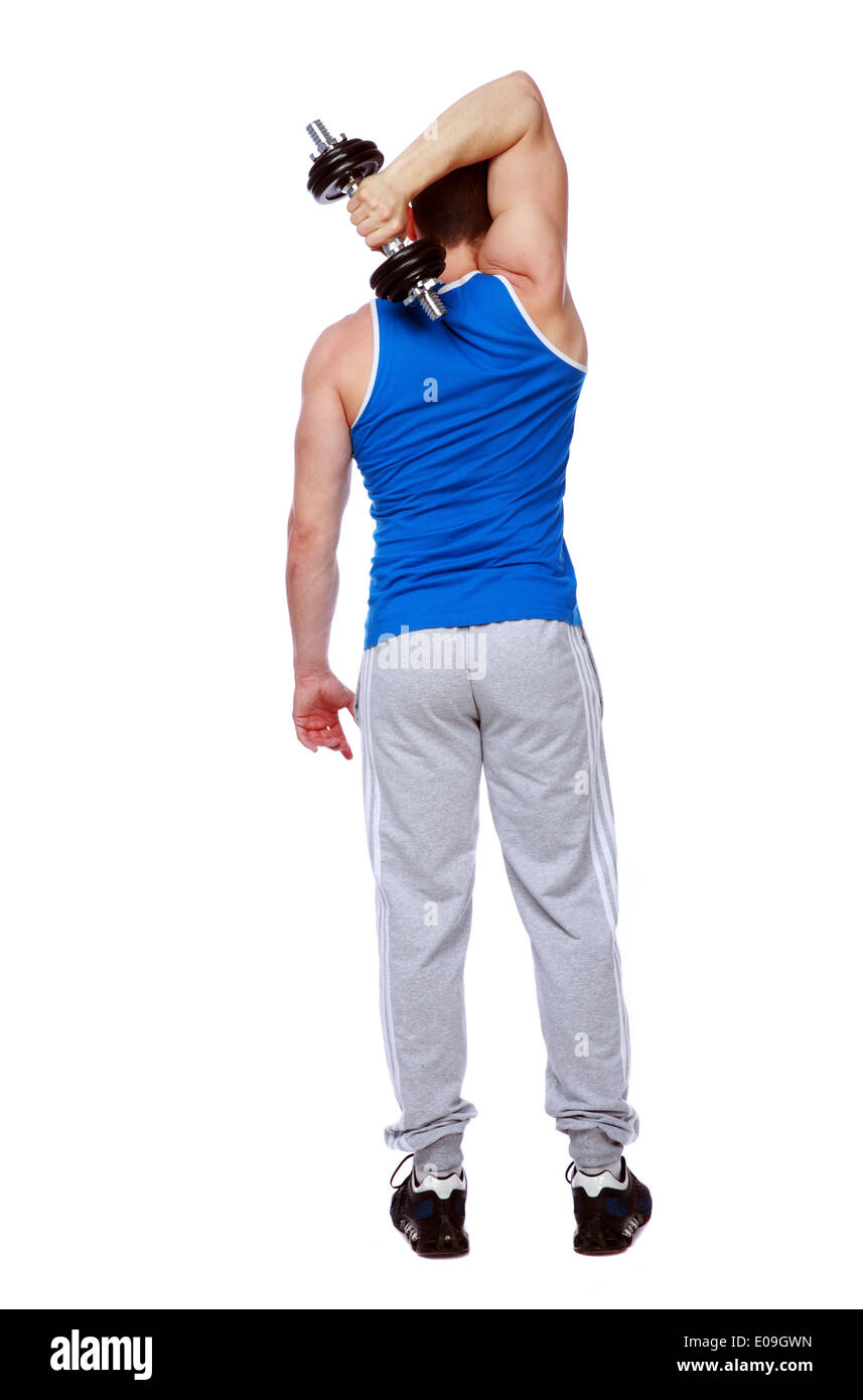 Back view portrait of a sport man standing with dumbbells over white ...