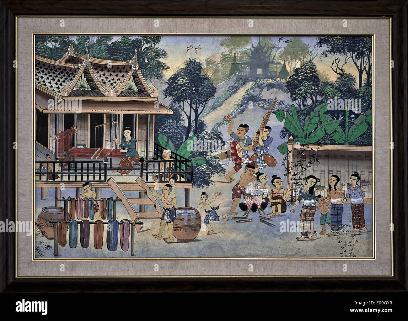 Painting depicting Thai rural village life and silk production ...