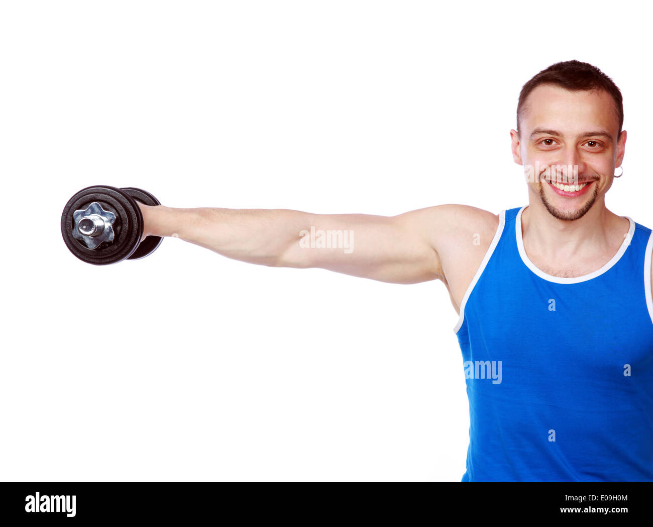 Happy man working out with dumbbells on white background Stock Photo ...