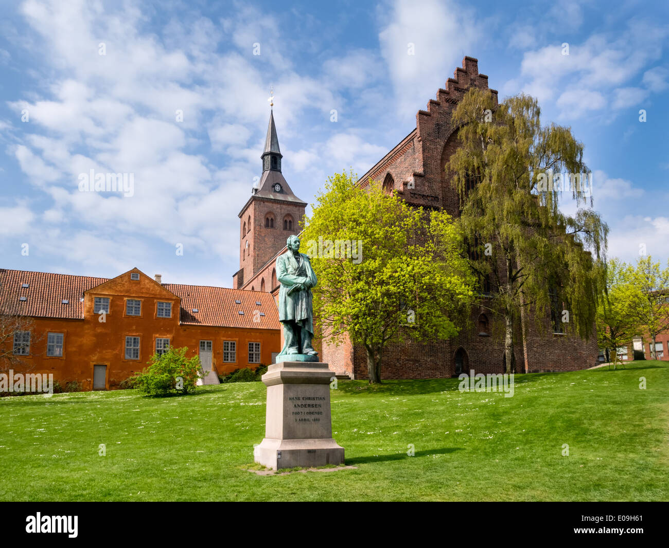 Sculpture statue of Hans Christian Andersen in front of sct Knud ...