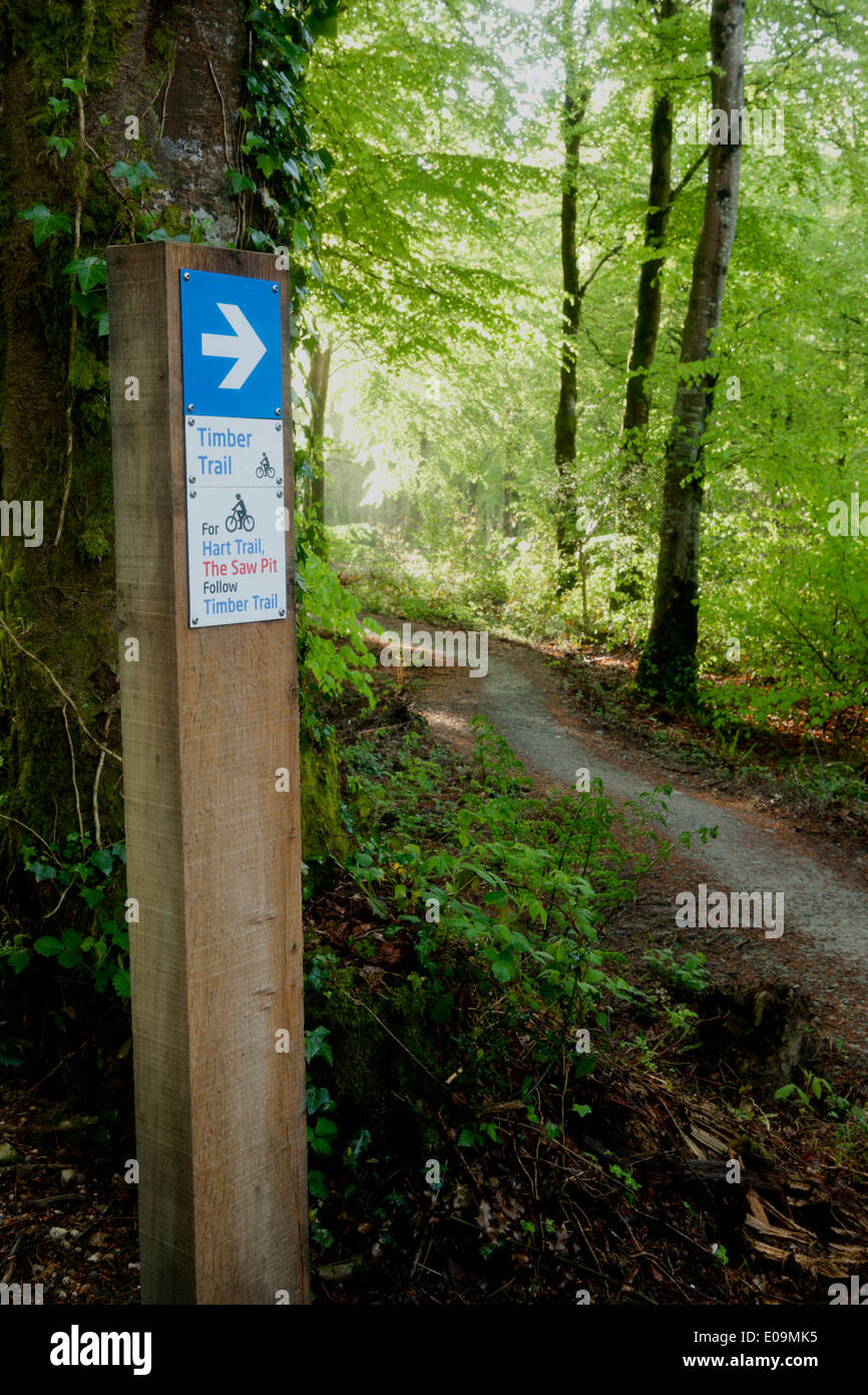 A sign on the Mountain Bike trail at Lanhydrock House near Bodmin, in ...