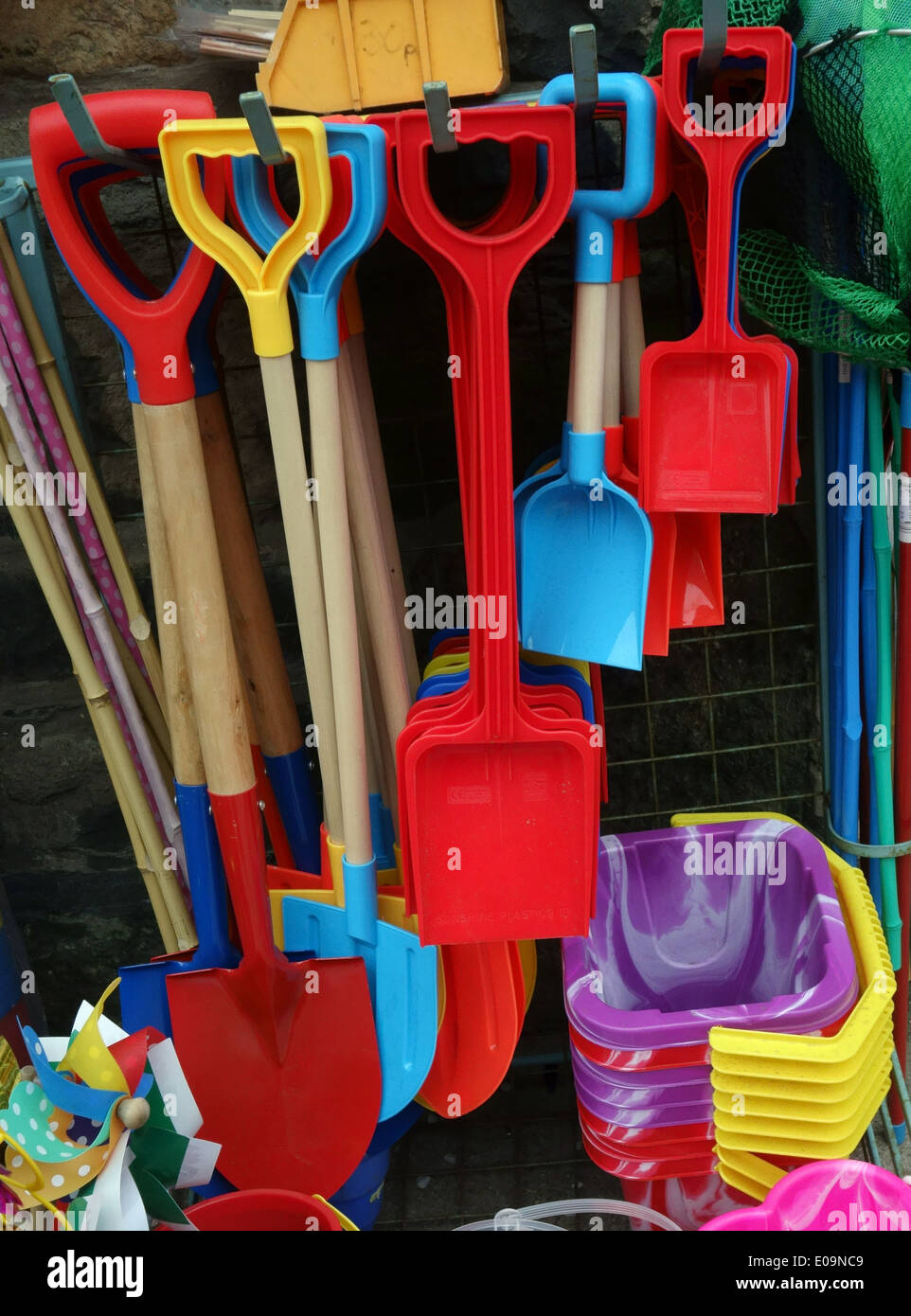 Plastic spades for the beach on sale outside shop in Pembrokeshire ...