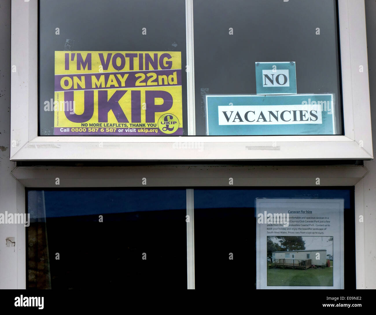 UKIP election poster in window in small town in Pembrokeshire, Wales ...