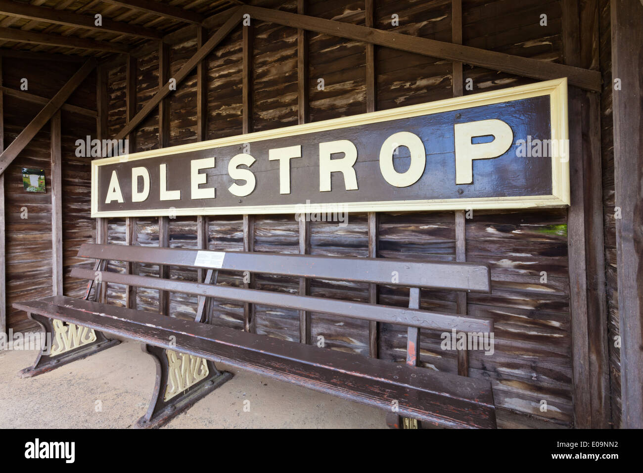 The railway station sign for the Cotswold village of Adlestrop ...