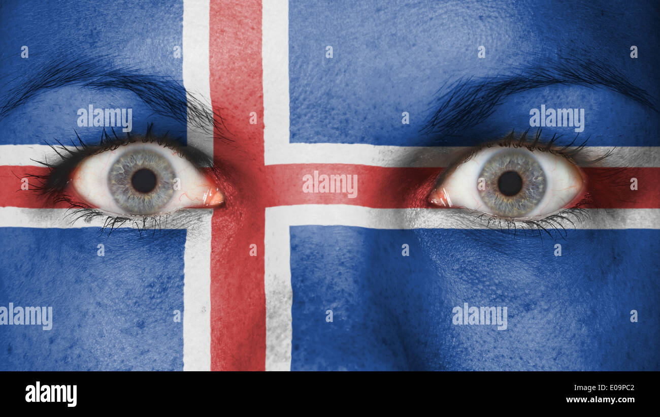 Close up of eyes. Painted face with flag of Iceland Stock Photo - Alamy