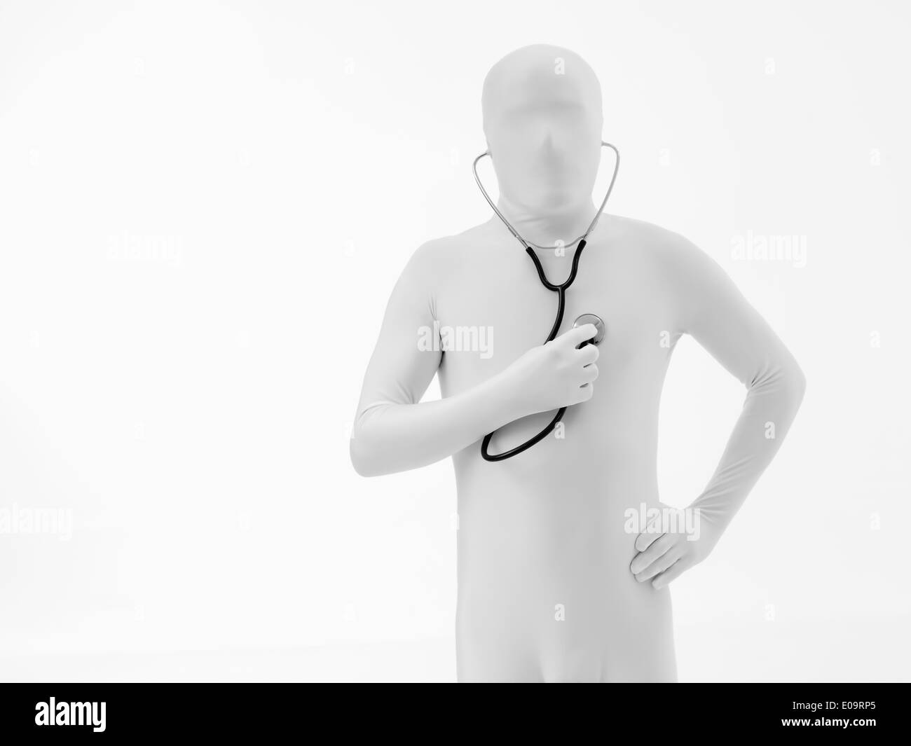 faceless man dressed in white with stethoscope in his ears, listening ...