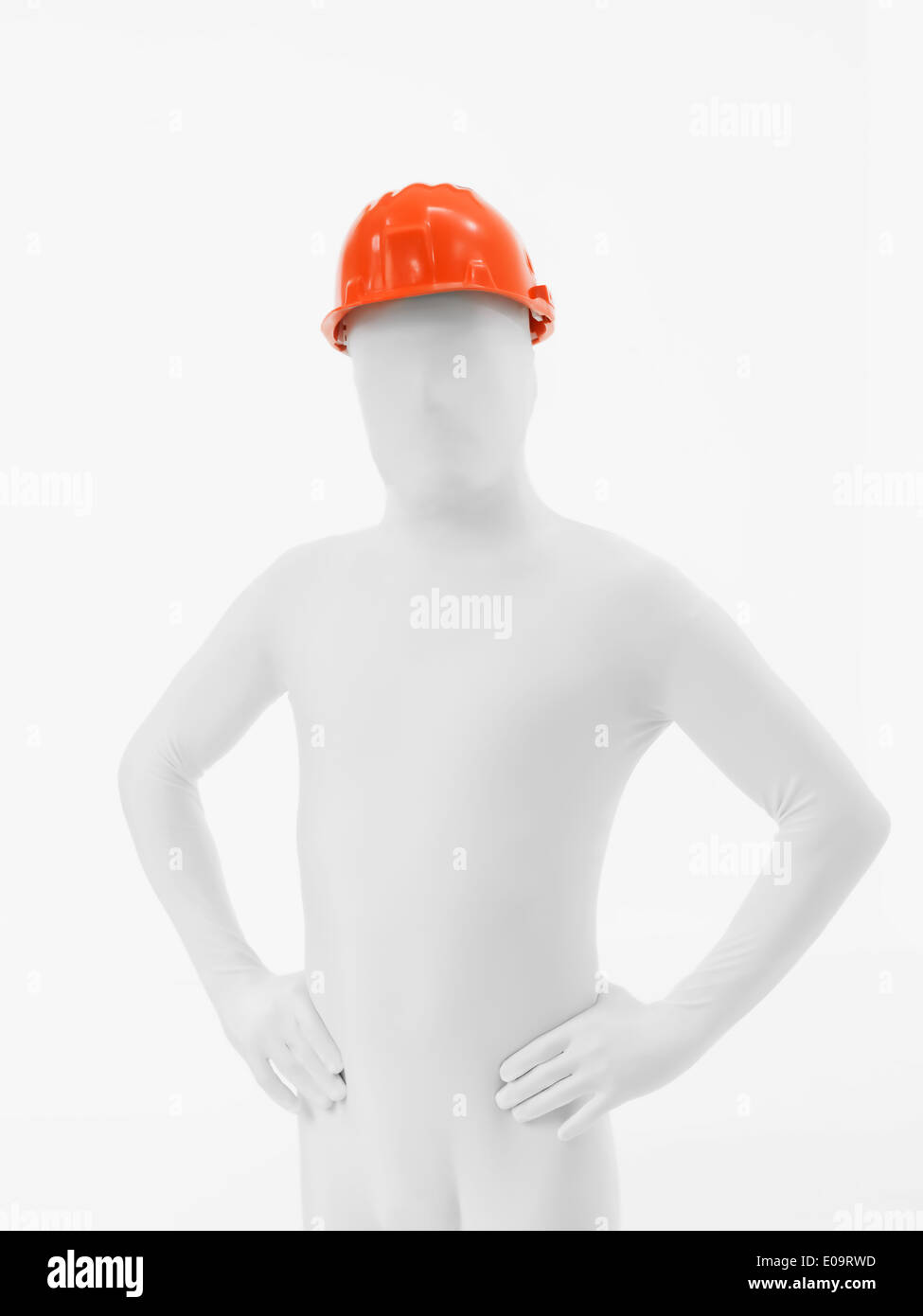 faceless man dressed in white with orange engineer helmet on his head ...