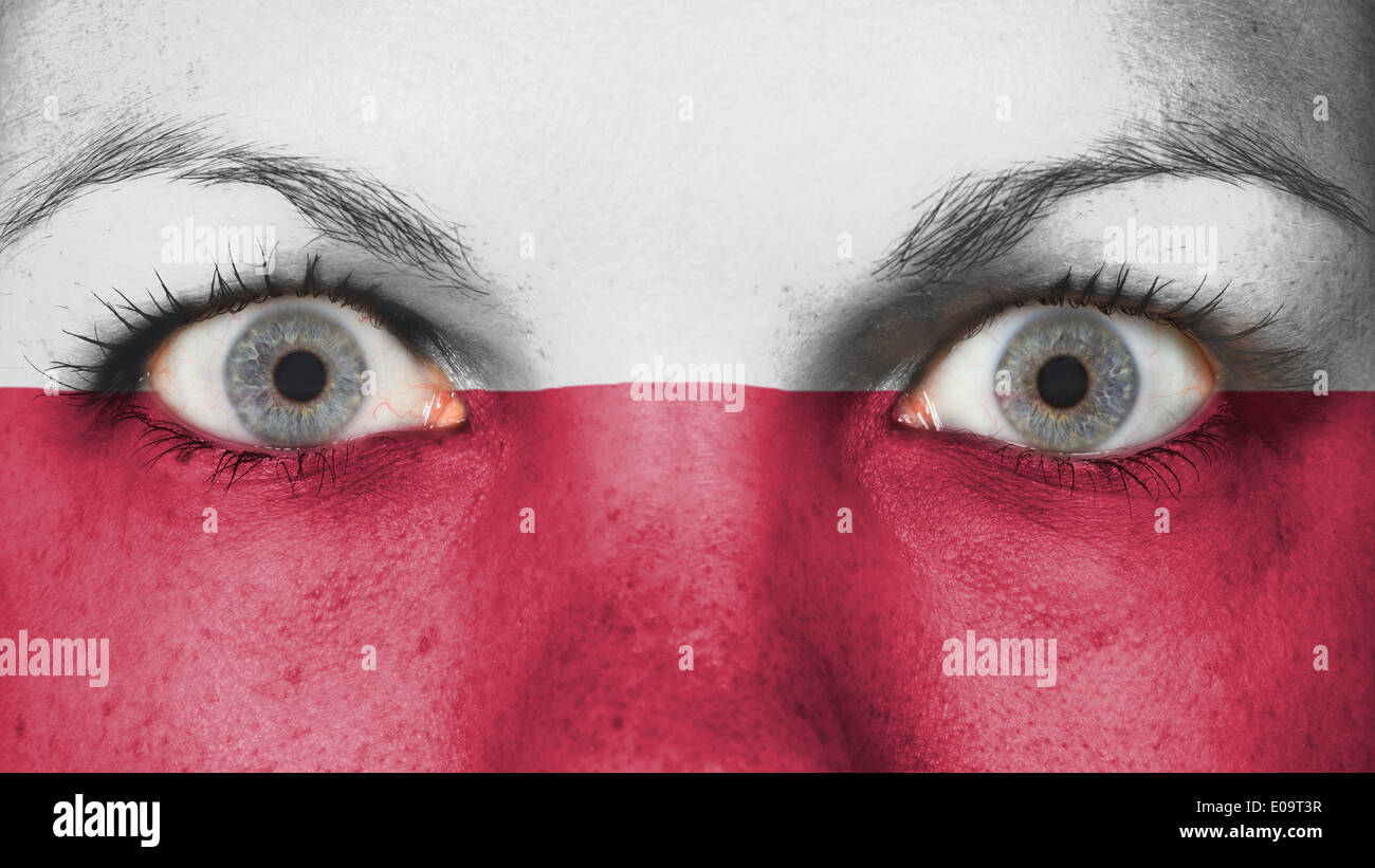 Close up of eyes. Painted face with flag of Poland Stock Photo - Alamy