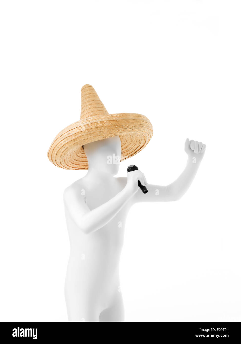 faceless Mexican dressed in white suit with sombrero on head singing to ...