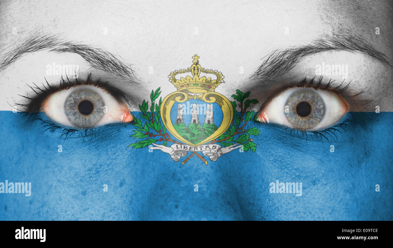 Close up of eyes. Painted face with flag of San Marino Stock Photo - Alamy