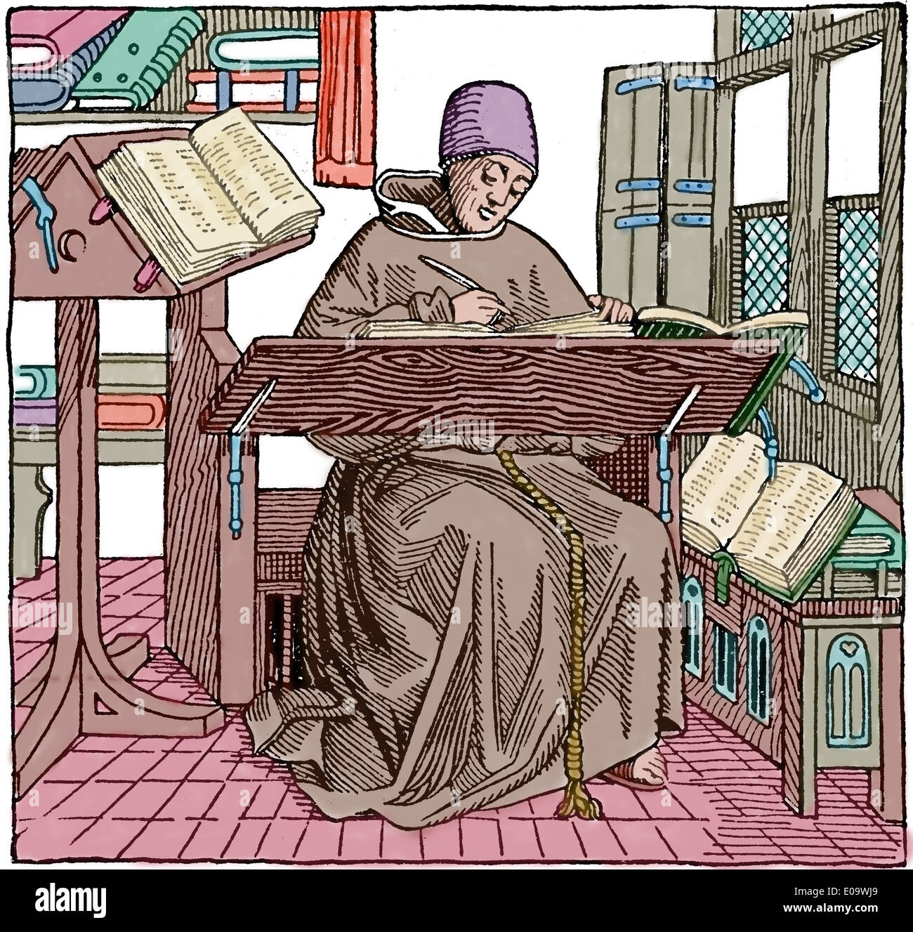 Middle Ages. Monk copyist. Engraving, 19th century. Later colouration ...