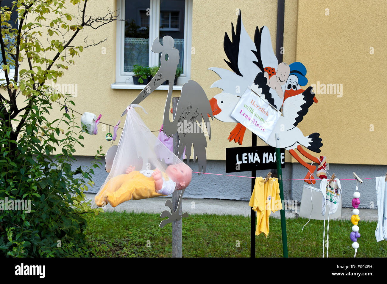 A stork as a symbol for newborn child, Ein Storch als Symbol fuer ...