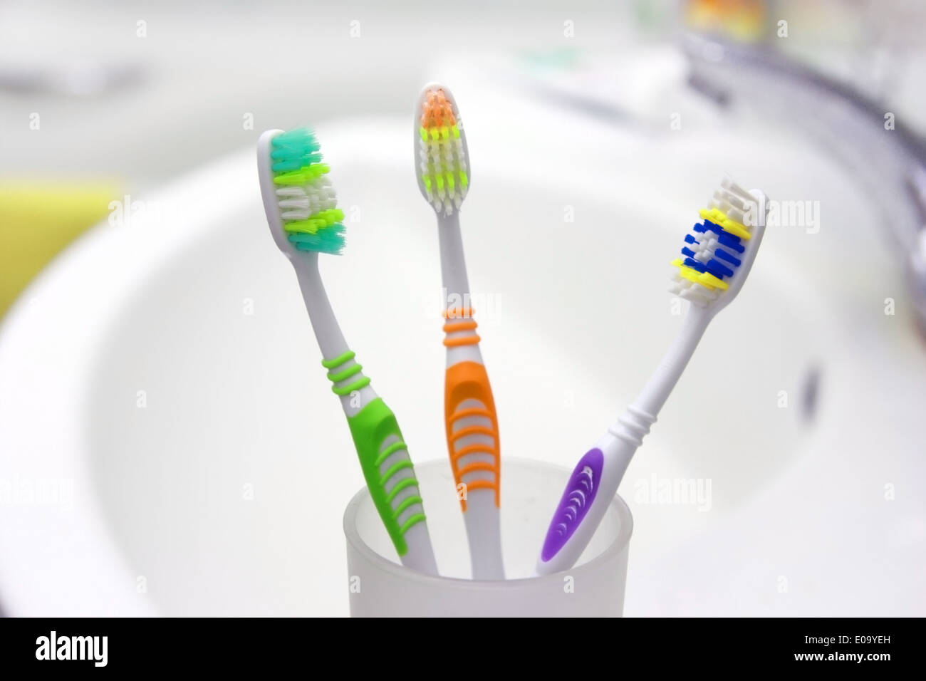 Three color Toothbrushes in a bathroom. Close up shot of toothbrush ...