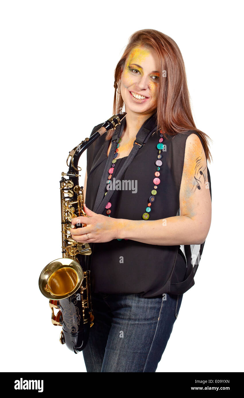 woman with saxophone isolated on white background Stock Photo - Alamy