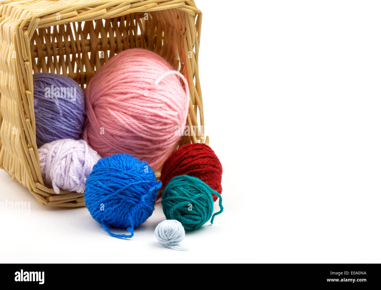 Colorful threads falling out of basket, isolated on white background ...