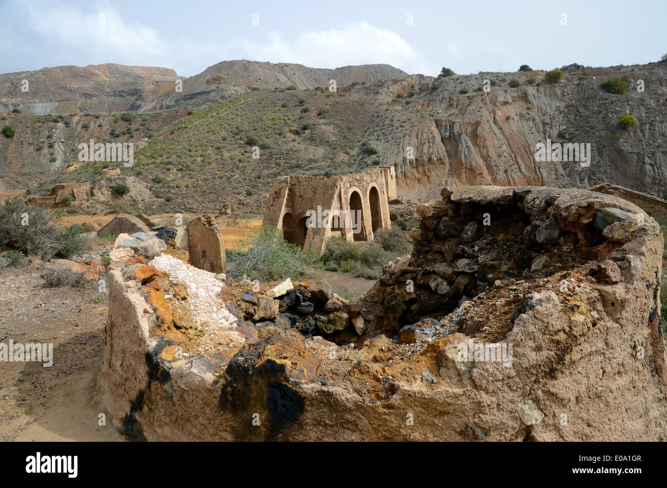 Ruins in the former open-cast mine area 'Brunita' in La Union, Spain ...